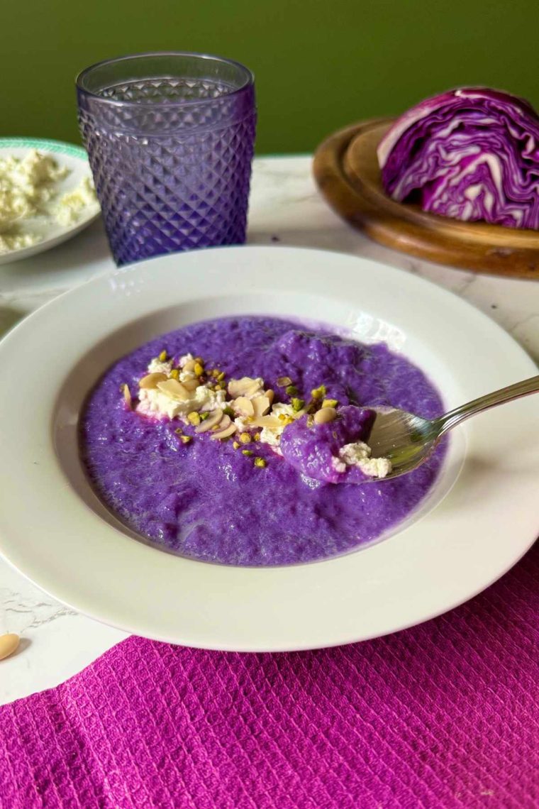 Creamy Red Cabbage Soup with Ricotta Salata and Nuts - Recipes from Italy